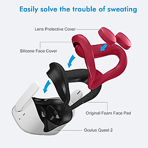EWalos Accessories for Oculus/Meta Quest 2, Touch Controller Leather Grip Cove, Face Cover and Lens Protective Cover, Sweat-Proof, Light-Proof, Anti-Throw and Comfort-Enhancing Accessories Set(Red)