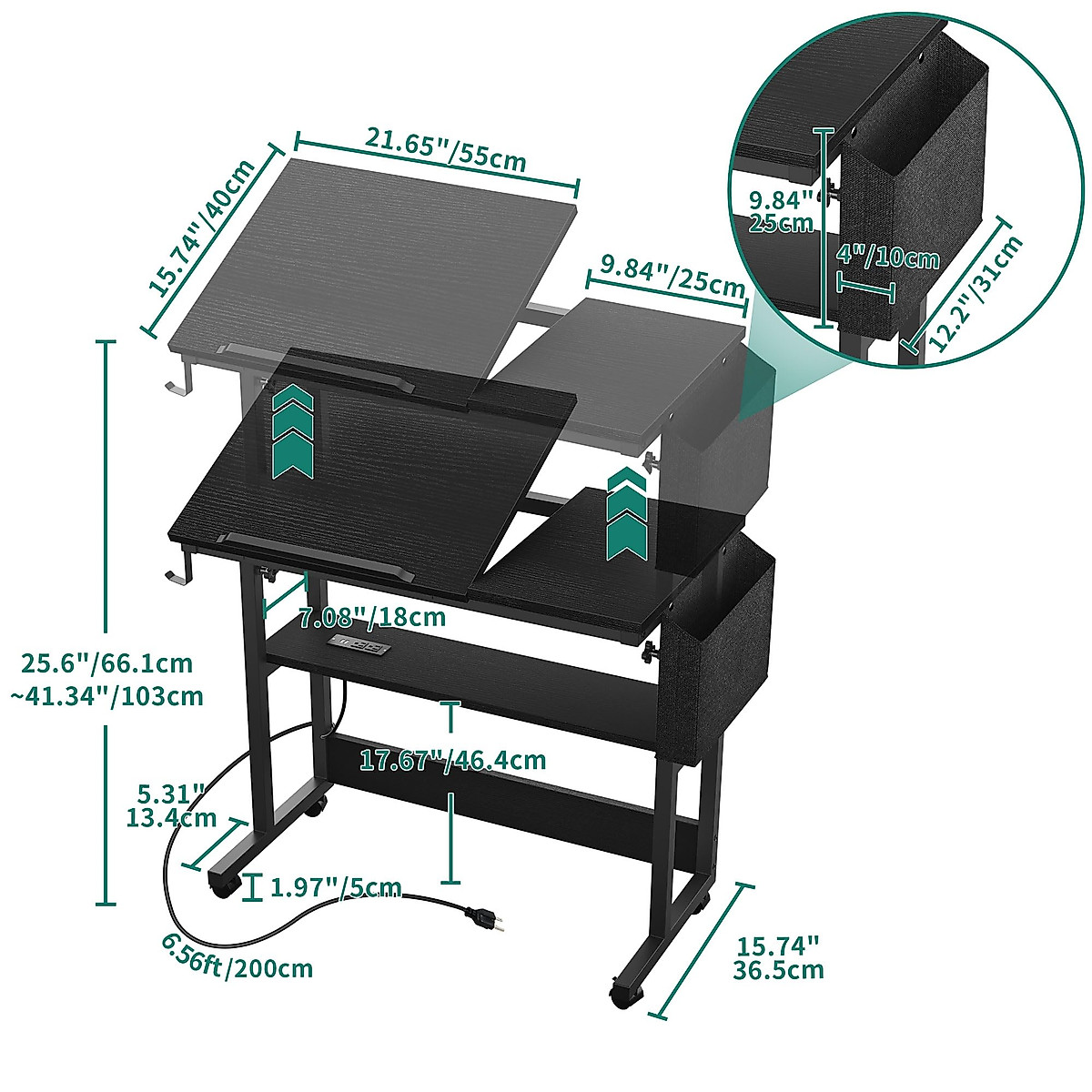 YITAHOME Height Adjustable Table with Charging Station, Portable Desk with Wheels, Small Standing Rolling Computer Desk with Tiltable Tabletop and Storage Bag, Black