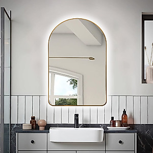 Niccy Arched LED Lighted Bathroom Mirror, 30x20 Inch Backlit Vanity Mirror with Lights Brushed Gold Framed Wall Mounted Mirrors with Dimmable 3 Color Shatterproof Arch Smart Fog Free Mirror