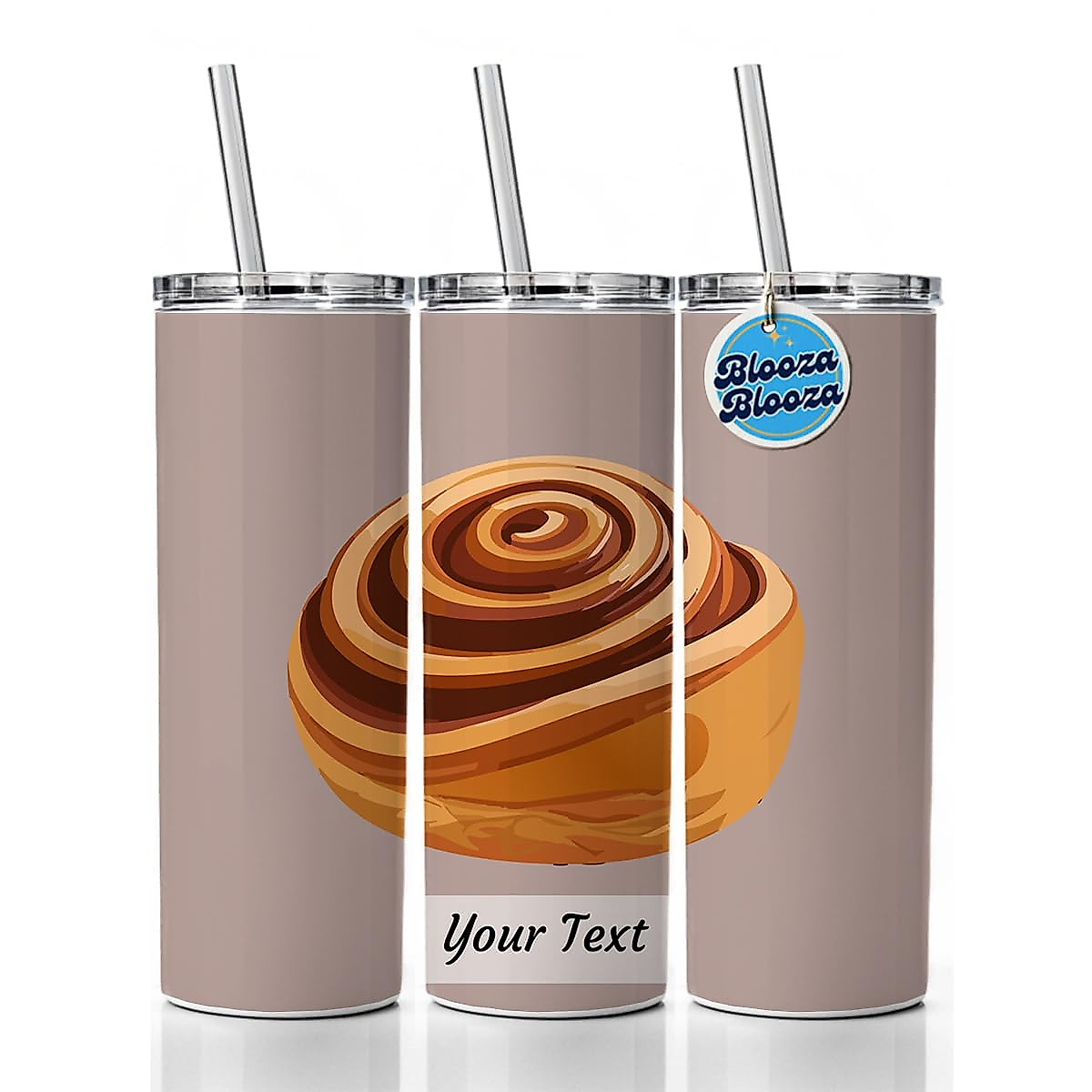 Personalized Custom Name Text Cinnamon Roll Bun Skinny Tumbler 20oz with Straw Insulated Water Bottle Gift - 1 Line Horizontal
