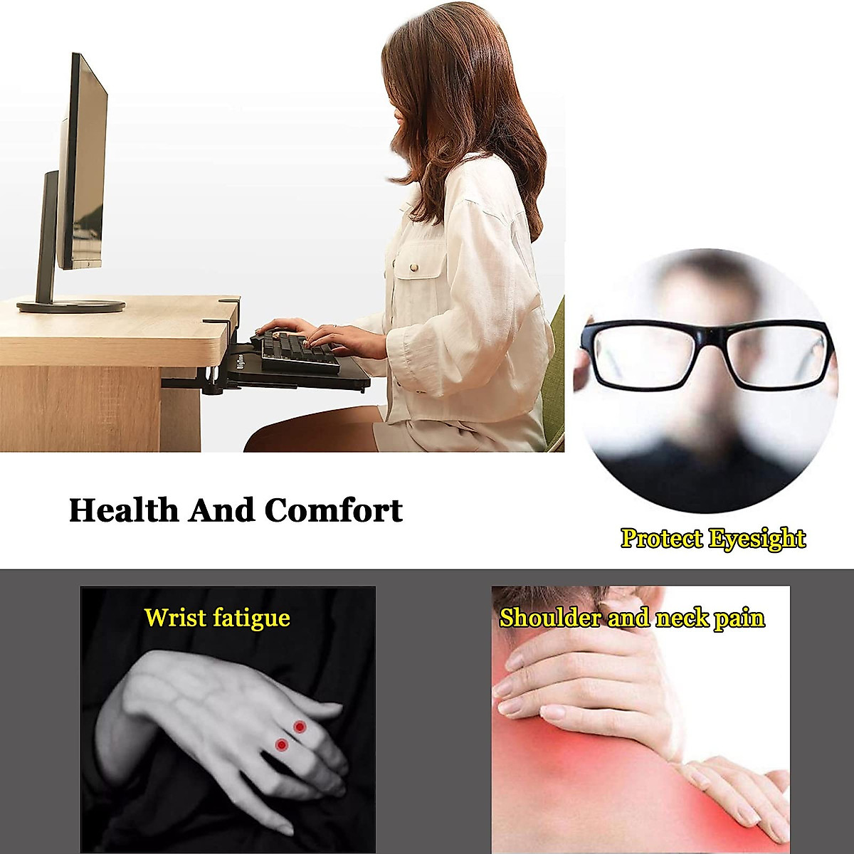 QULACO Under Desk Wooden Ergonomic Keyboard Tray - Under Desk Sliding Keyboard Platform, Sturdy, Comfort, Desk Wrist Rests Extender 52/65x25cm