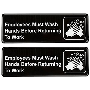 Employees Must Wash Hands Before Returning to Work Sign (Pack of 2) Black and White, 9" x 3"