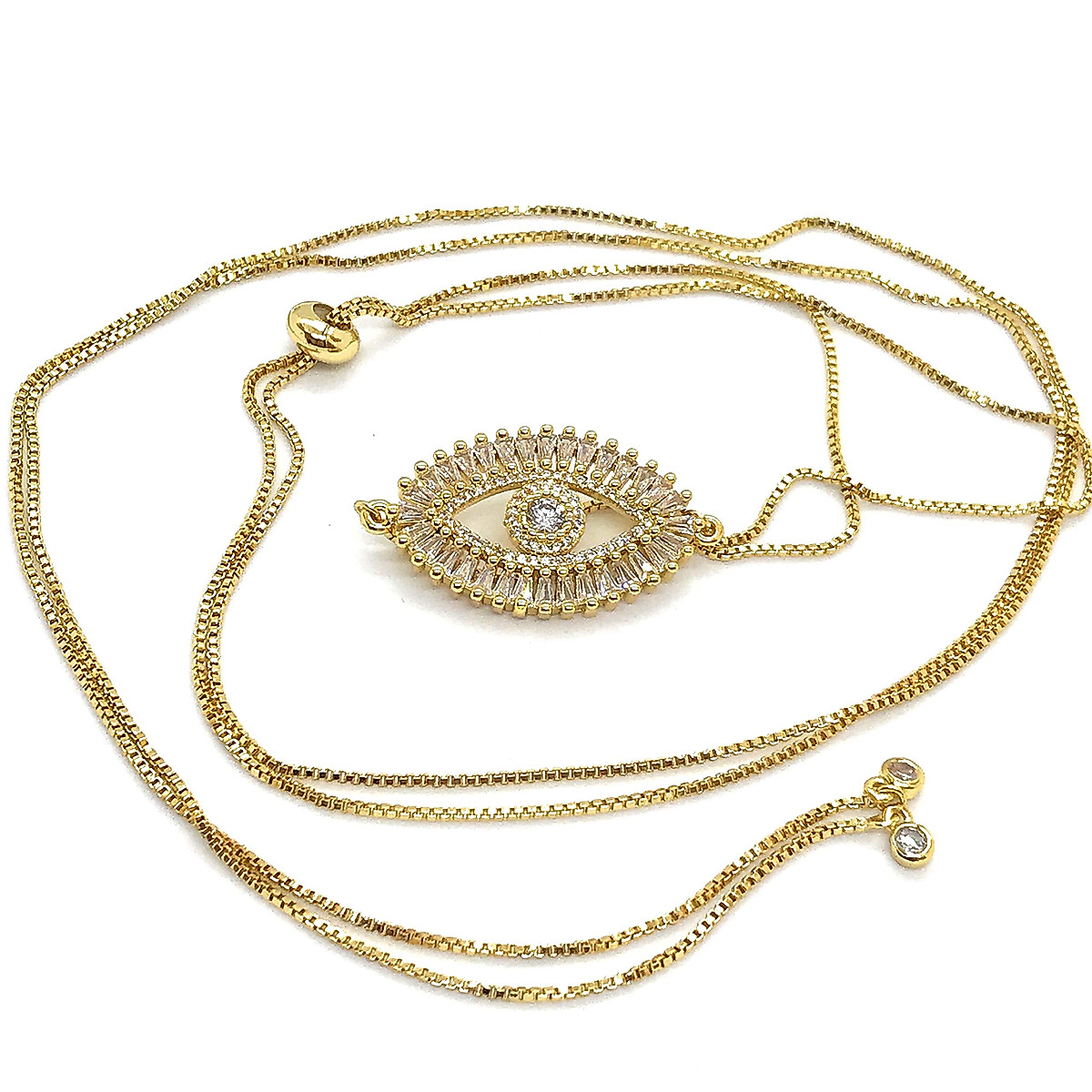 LESLIE BOULES Gold Evil Eye Lariat Necklace for Women 18K Gold Plated Sliding Adjustable Chain Choker Jewelry