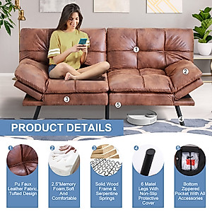MUUEGM Futon Sofa Bed Faux Leather Memory Foam Couch Futon Sets,Convertible Sleeper Sofa for Living Room,Modern Daybed w/Removable Armrests,Love seat for Compact Living Space,Brown