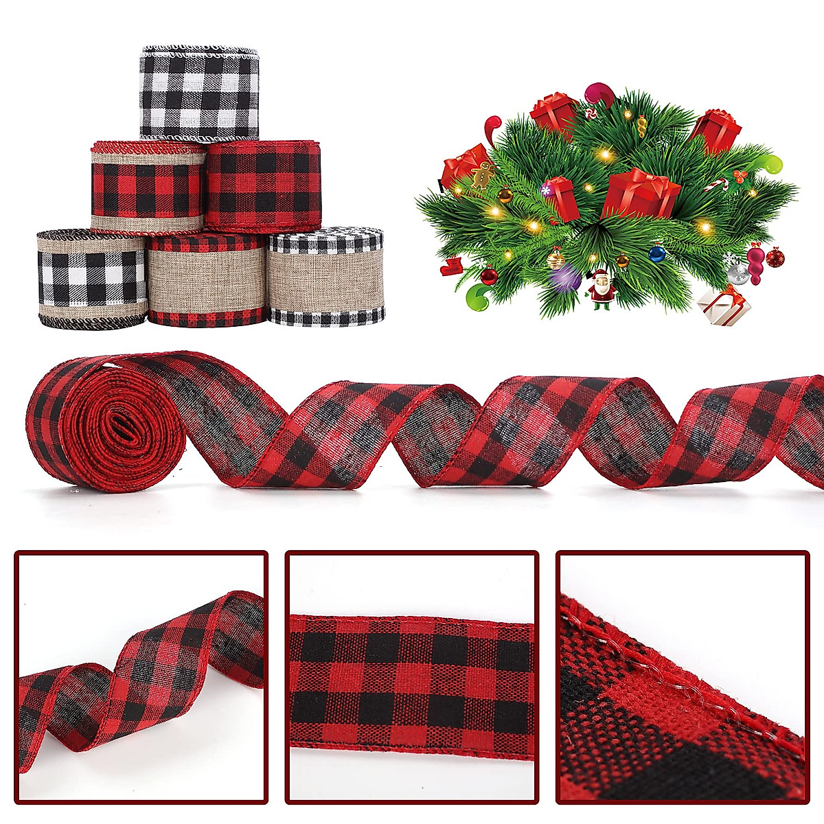 HOMSHIAM 6 Rolls Christmas Burlap Fabric Ribbon , 30 Yards Buffalo Check Ribbon Plaid Wired Edge Ribbon for DIY Gift Wrapping, Wedding Crafts Christmas Wreath Bows Decoratio