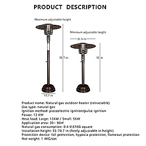 Natural Gas Patio Heater Adjustable Height (55in-78in), 12ft Hose Included, Passed CE CSA Certification, It’s Really Too Cold To Sit Outside In The Spring And Autumn,Its Heat Output Will Get Very Warm