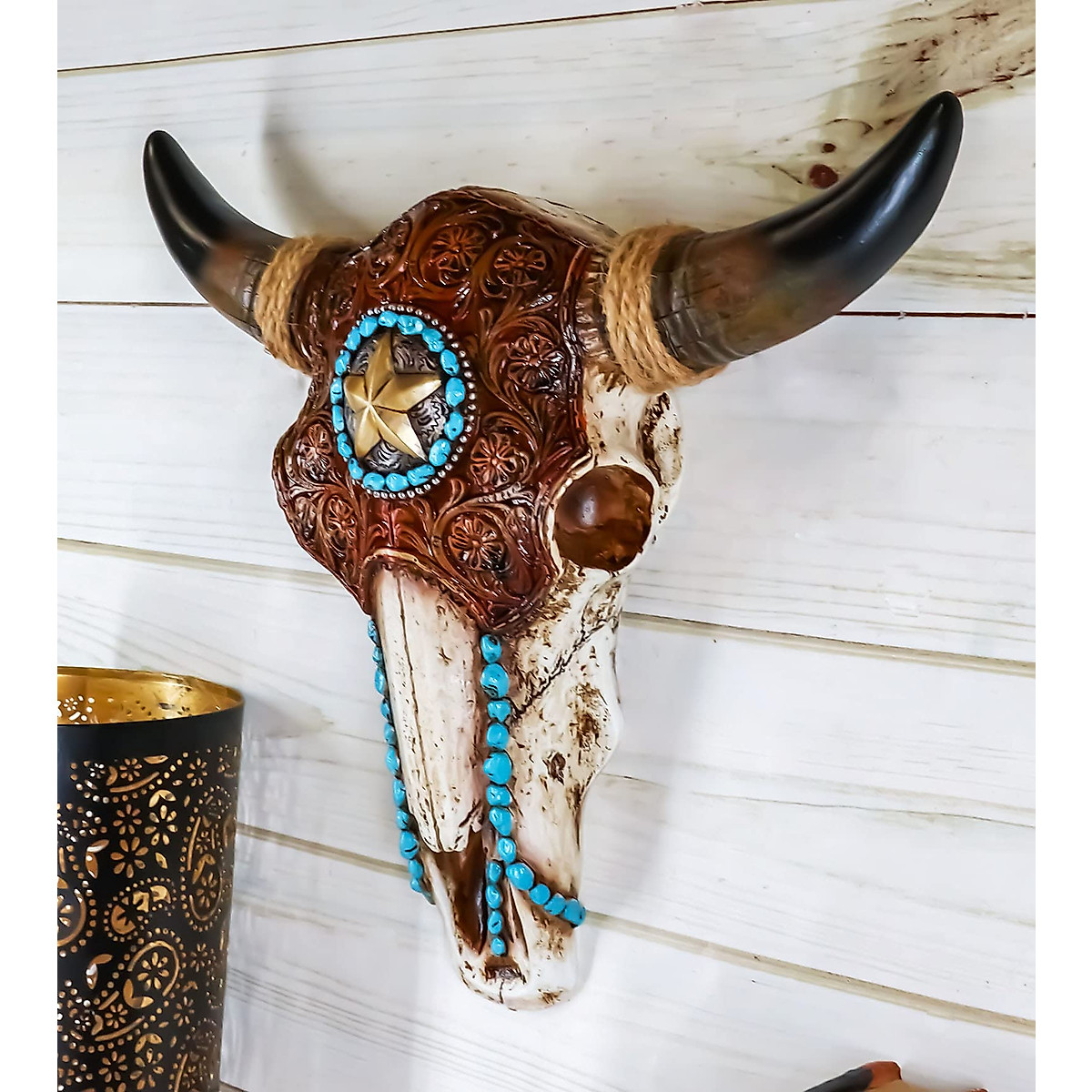Ebros 13.25" Wide Western Star Tooled Leather Steer Bison Buffalo Bull Cow Horned Skull Head With Turquoise Beads Wall Mount Decor Replica Native Animal Totem Bust Skulls Hanging Plaque Sculpture