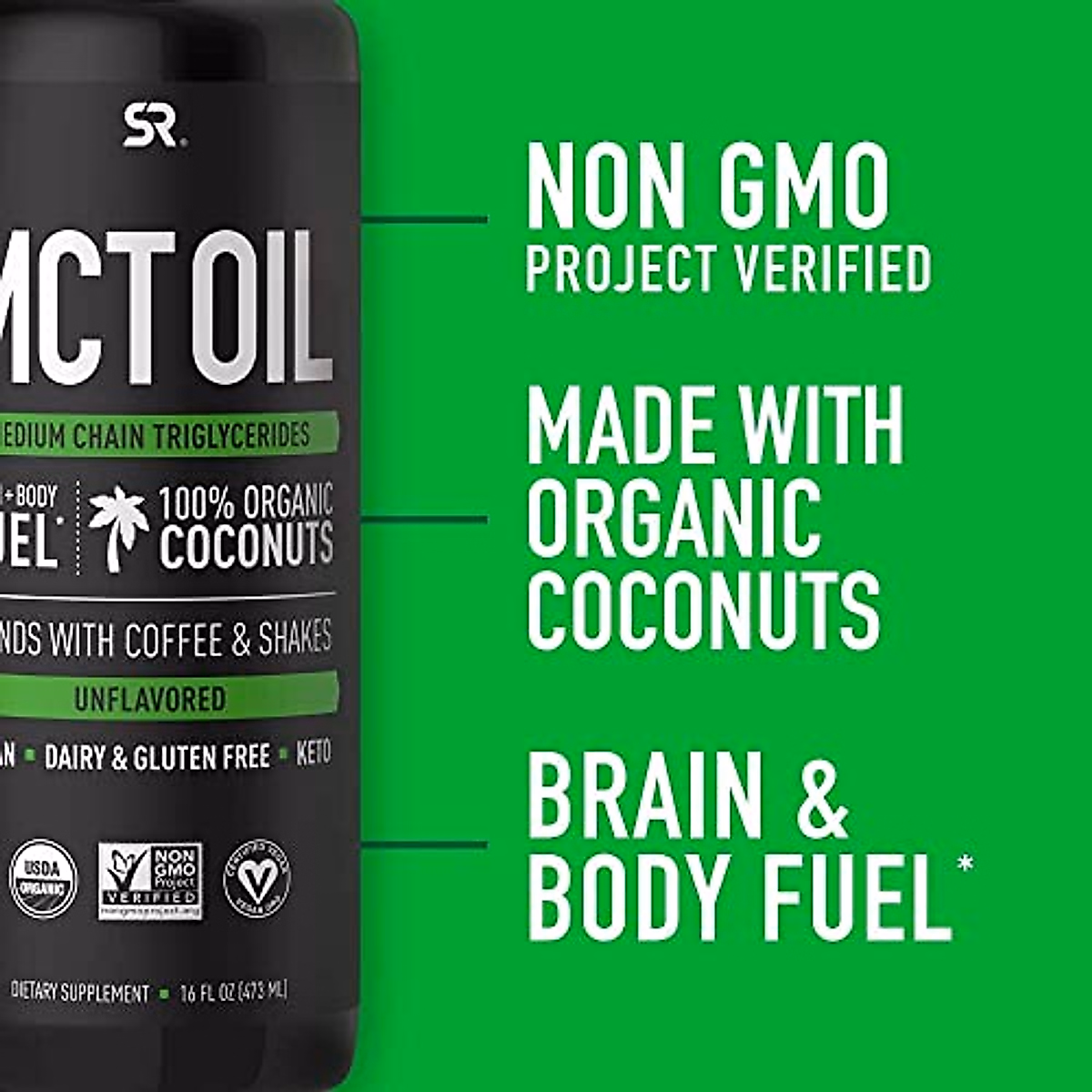 Sports Research Keto MCT Oil from Organic Coconuts - Fatty Acid Fuel for Body and Brain - Triple Ingredient C8, C10, C12 MCTs - Perfect in Coffee, Tea, & More - Non-GMO & Vegan - Unflavored (16 Oz)