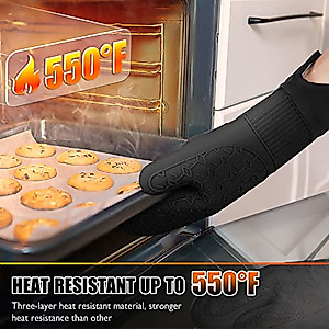 Oven Mitts and Pot Holders Kitchen: 550℉ Heat Resistant Silicone Oven Gloves with Pot Holders Set - Extra Long Quilted Oven Mitt and Large Hot Pads Set Washable Mittens for Kitchen Cooking Baking