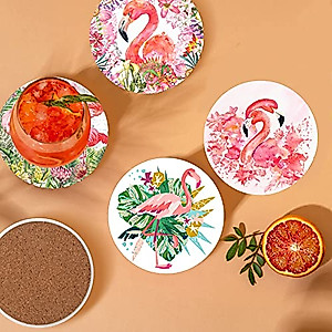 Pink Coasters for Drinks with Holder, Set of 6 Absorbent Ceramic Coaster, Tropical Flamingo Floral Style for Bar Wooden Coffee Tables, Cute Home Party Decor, Gift for Woman,4 Inches