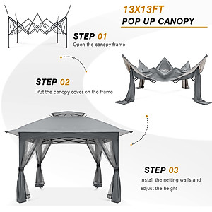 COOSHADE 13x13Ft Easy Pop Up Canopy Tent Instant Folding Shelter with Mosquito Netting Walls(Grey)