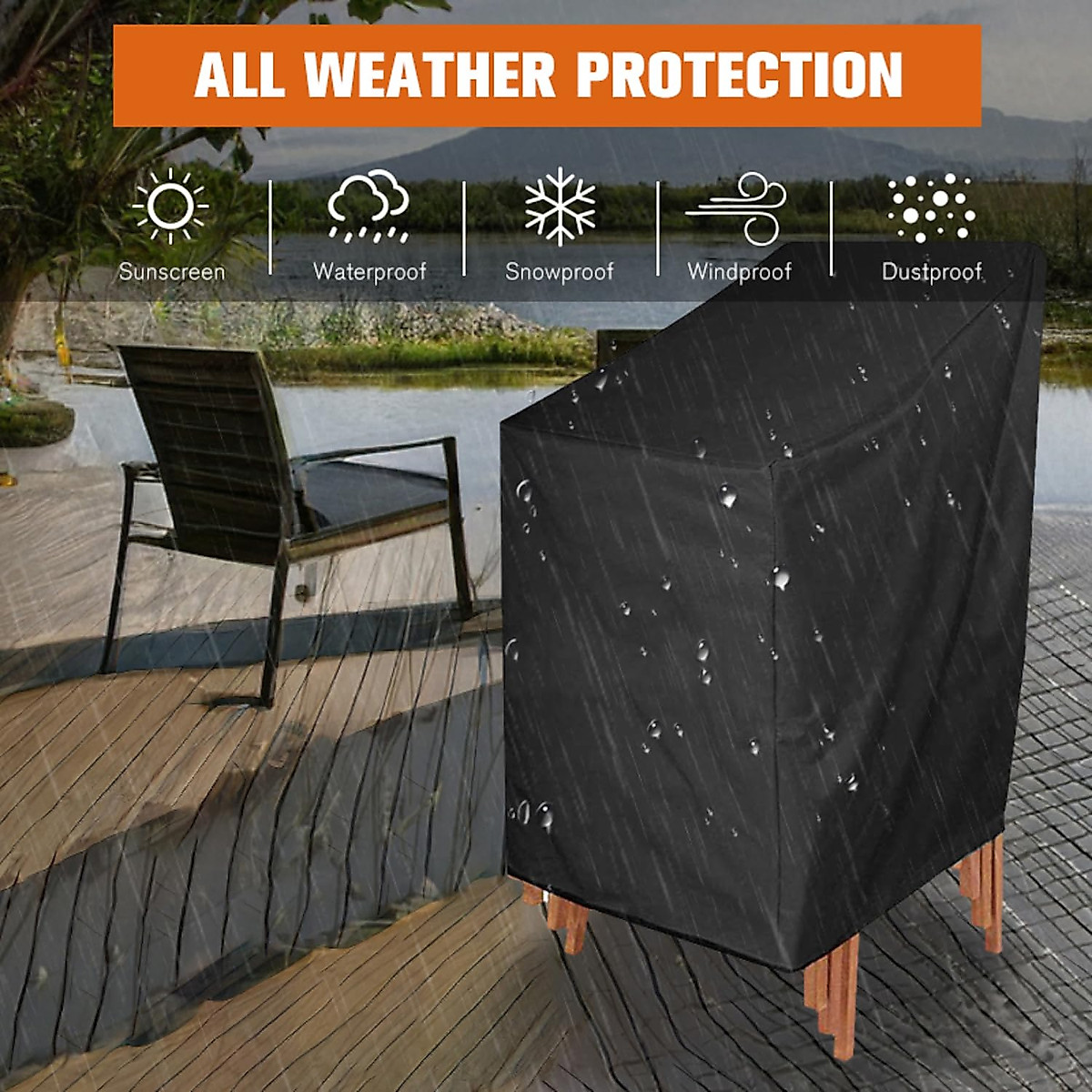 240D Patio Chair Cover ，Outdoor Chair Covers, Patio Waterproof Furniture Covers for 4-6 Stacking Chairs, Black-27 x 27 x 47 inch (1pc 27 x 27 x 47 inch)