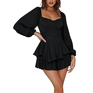 LYANER Women's Jumpsuit Lantern Long Sleeve Ruffle Layer Tie Mini Short Romper Solid Black Small