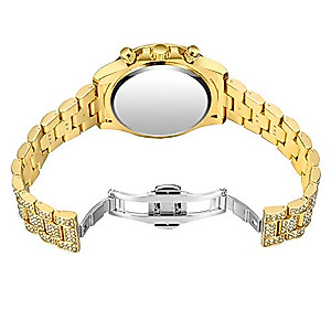 Gosasa Luxury Bling-ed Out Colorful Dial Full Diamond Hip Hop Rocks Watches Fashion Quartz Analog Stainless Steel Bracelet Wrist Watch (Gold)