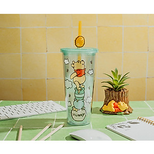 Silver Buffalo Winnie the Pooh Hunny Pot Carnival Cold Cup With Reusable Straw and Leak-Resistant Lid | Holds 24 Ounces