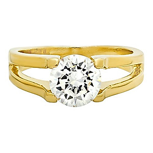 The Bling Factory 7mm Gold Plated Tension Set Round Brilliant CZ Solitaire Ring, Size 6.5