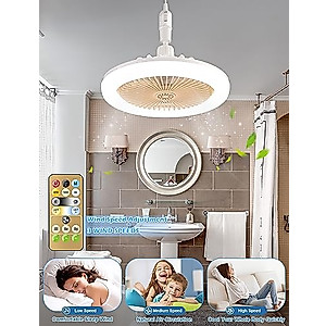 VONFAME Enclosed Ceiling Fan with Light and Remote Small 10-inch E27 Bladeless Ceiling Fans Dimmable LED Lights 3 Gear Wind Speeds Family Summer Gift for Garage Tool Room and Store Room(Yellow)