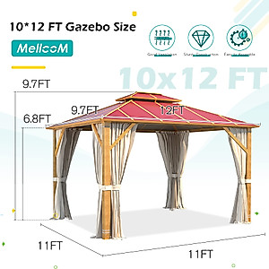MELLCOM 10' x 12' Hardtop Gazebo, Wooden Finish Coated Aluminum Frame Outdoor Gazebo with Aluminum Double Roof, Claret Metal Gazebo with Curtains and Nettings for Patios, Gardens, Lawns, Parties
