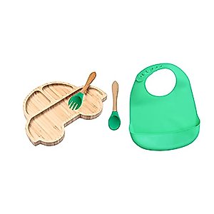Ecokanji Car Bamboo Suction Plate Divider Feeding Plate for Toddlers and Babies（with green bib