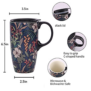 DUSVALLY Ceramic Coffee Mug Gift for Home & Office, 17oz. Porcelain Latte Travel Cup with Lid and Color Box, Blue Flower Art Tea Mug with Handle, 6.5" H