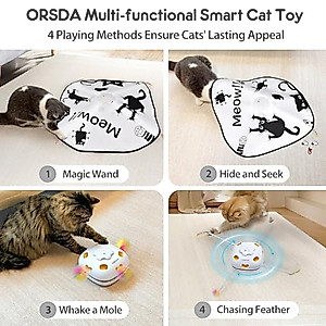 ORSDA Cat Toys Rechargeable, 4in 1 Interactive Automatic Indoor Cats Toy with 8 Holes Mice Whack-A-Mole, Hide and Seek Smart Motion Kitten Toys with 5Pcs DIY Replacement Refills