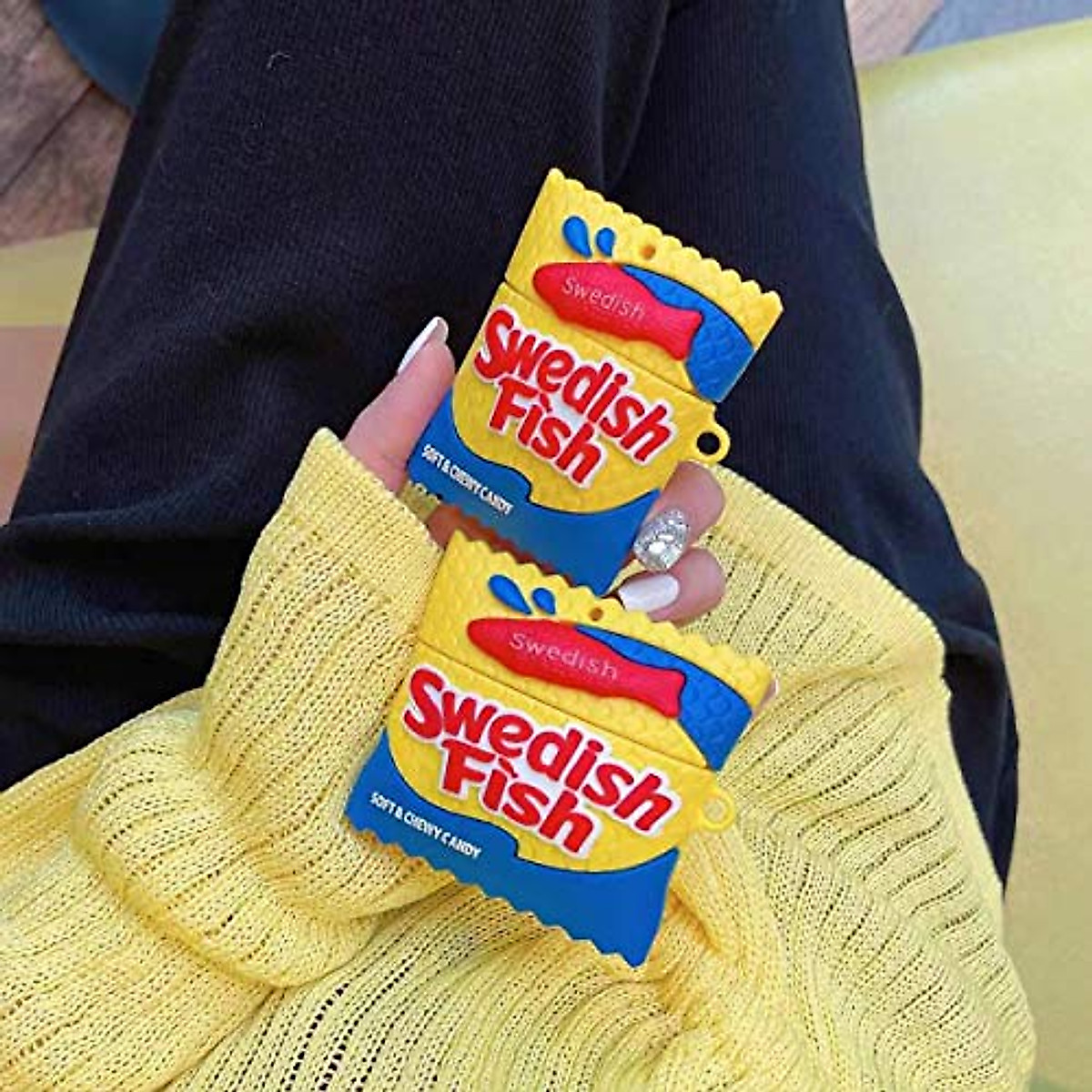 Peekdook for Air pod 2/1 Case Soft Silicone Swedish Fish Cute Cartoon Funny Cover Fashion Protective Skin Accessory Keychain Girl Teen Compatible Box with Air pod 2 & 1 (Swedish Fish)