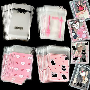 200Pcs Resealable Cellophane Bags Self Adhesive Cookie Bags,Pink Bow Small Candy Bags Treat Bags,Clear Photocard Sleeves,Plastic Bags Gift Bags for Dessert,Party Treats,Bakery,Card Protector Sleeves