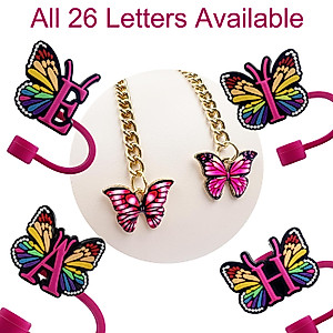 Velaco 4 PCS Butterfly Initial Letter Straw Covers and Butterfly Charm Accessories with Chains for Stanley 20 30 40 oz Tumbler with Handle