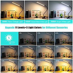 Morw Winmor Led Clip On Desk Lamp,3 Color 11 Brightness,64 LED 10W Book Reading Light,USB Plug,Stepless Dimmer Auto Off,Clamp Desk Lights for Bedside Computer Home Office