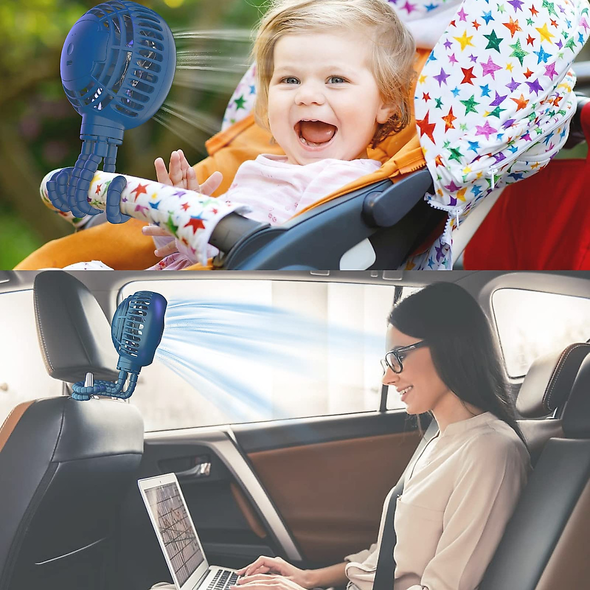 HandFun [2023 Upgraded] Stroller Fan, 5-26 Hours Long Last Stroller Fan Flexible Tripod Clip on for Baby, 360°Rotation Portable Rechargeable Fan for Car Seat Crib Bike Treadmill Peloton (Blue)