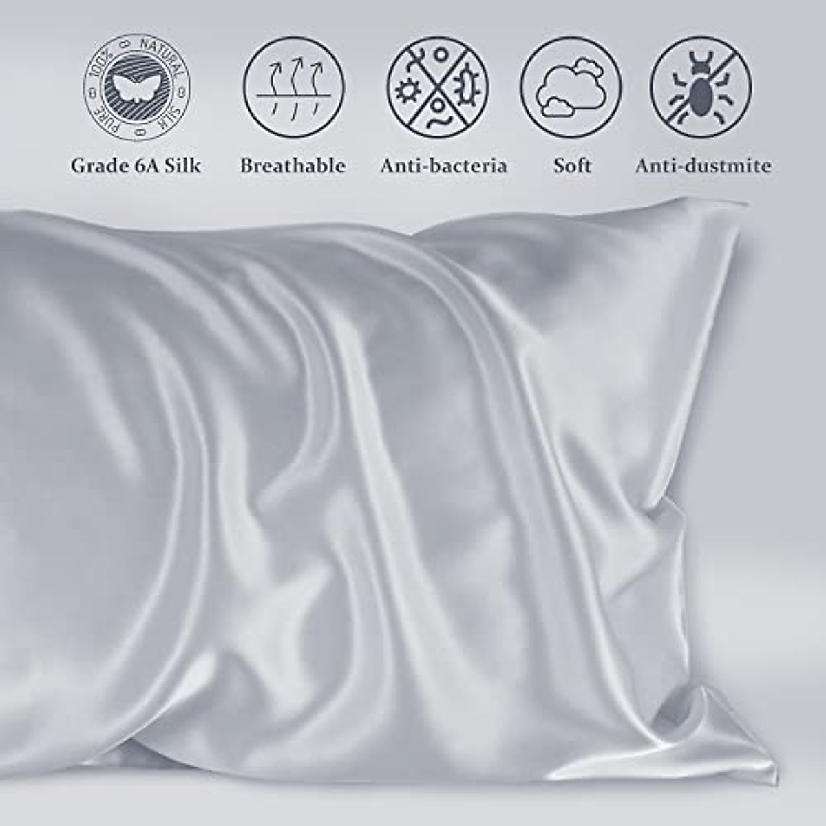 LULUSILK Silvergrey Silk Pillowcase for Hair and Skin, Mulberry Silk Pillow Case with Zipper Closure, Standard Size, Pack of 1