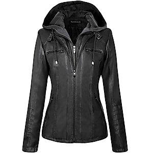 Newbestyle Womens Hooded Faux Leather Moto Biker Short Jacket Quilted Zip Up Coats Black L