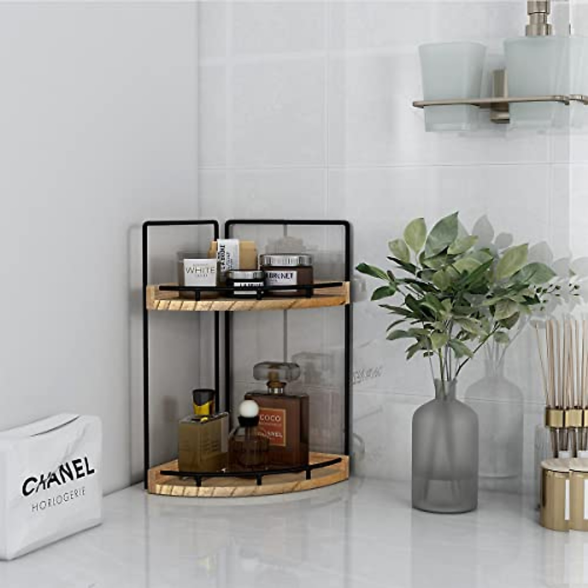 2-Tier Corner Bathroom Counter Organizer,Dorhors Bathroom Counter Tray and Vanity Organizer,Makeup and Cosmetic Storage Organizer,Wood Countertop Organizer for Kitchen,Bathroom,Dresser