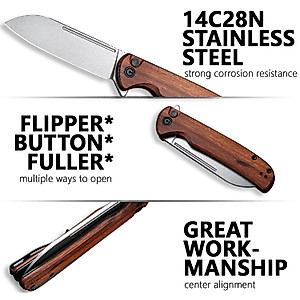 CIVIVI Chevalier Folding Pocket Knife, Button Lock EDC Knife 3.46" Stonewashed 14C28N Sheepsfoot Blade Cuibourtia Wood Handle, Utility Knife for Hiking Camping Fishing Work Outdoor