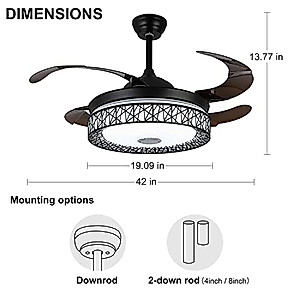 MoreChange 42” Retractable Ceiling Fans with Lights and Remote Control, Invisible Modern Chandelier Fan Lighting with Bluetooth Speaker Play Music 7 Colorful Dimmable Fixture for Bedroom/Living Room