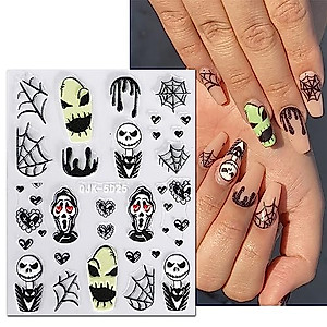 JMEOWIO 3D Embossed Halloween Nail Art Stickers Decals Self-Adhesive Pegatinas Uñas Pink 5D Skull Cute Ghost Spider Web Spook Nail Supplies Nail Art Design Decoration Accessories 4 Sheets