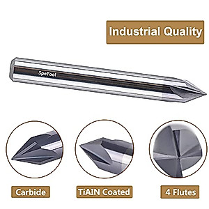 SpeTool Carbide Chamfer End Mill V Groove Router Bit 60 Degree, 4 Flutes 1/4 inch Shank for CNC Carving and Chamfering