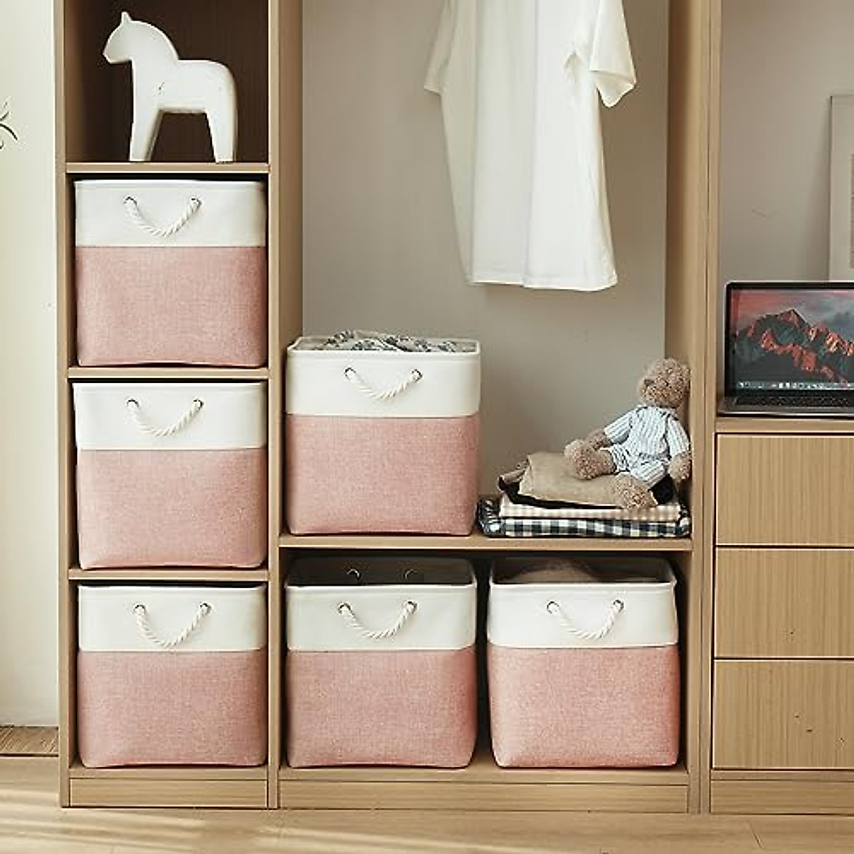 AUSSIY Cube Storage Bin, Collapsible Fabric Storage Bins With Handles, For Clothes Storage, Toys, Book , 13×13×13inches, Pack of 6 (White Pink)