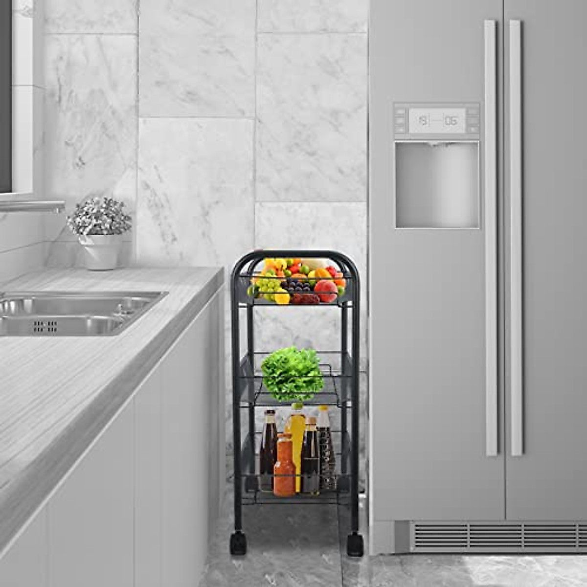 3-Tier Mesh Wire Rolling Cart with Baskets, Christmas Gifts Multifunction Utility Cart Wheels Lockable , Office Bedroom Storage Organizer , Easy Assembly Mesh Trolley Cart , Slide-Out Shelf, Black