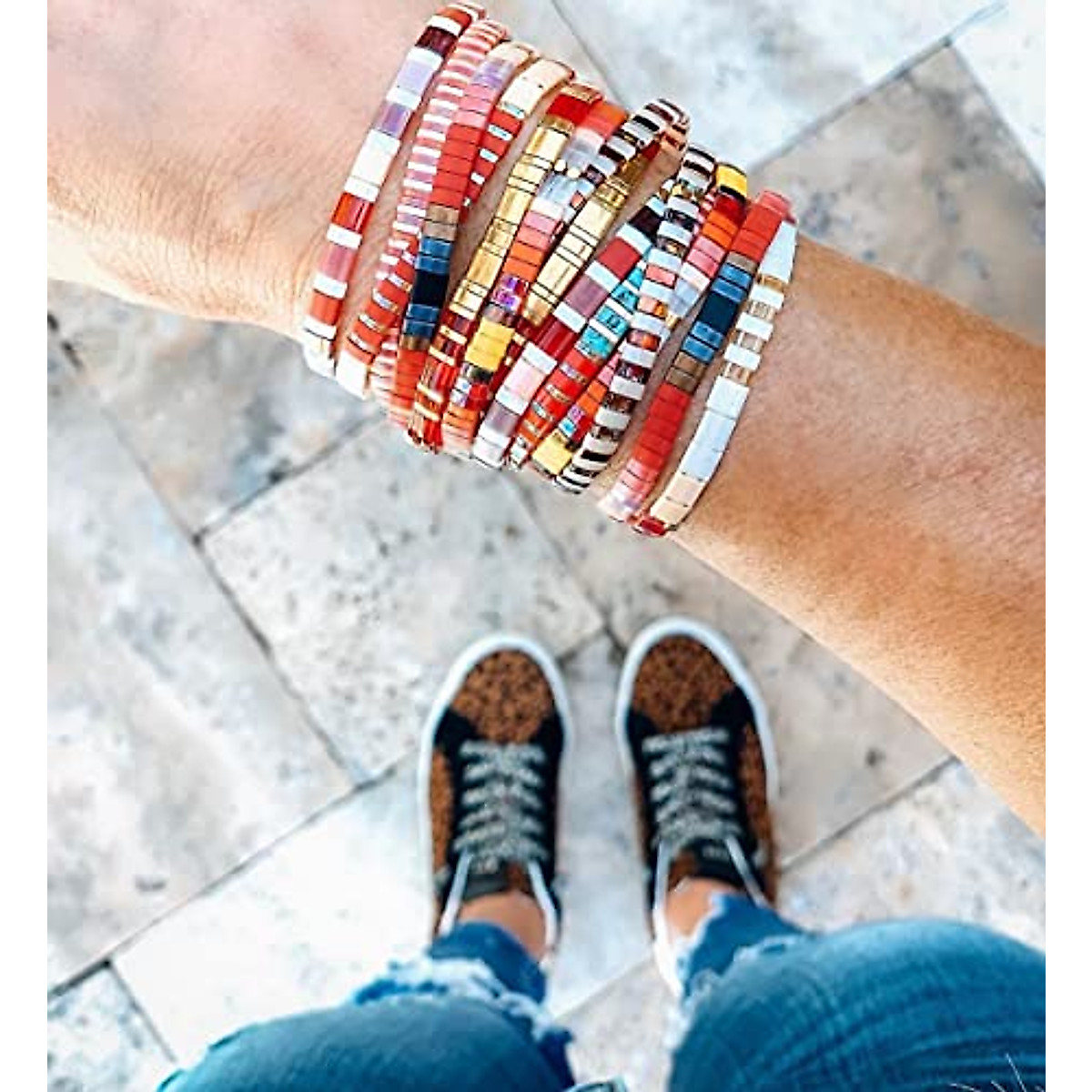 Sonateomber Zebra Black White Gold Tila Flat Beads Stretch Strand Bracelet for Women Girls - Trendy Unique Friendship Handmade Mixed Colorful Square Beaded Miyuk Beach Link Bracelets Stack Jewelry Gifts