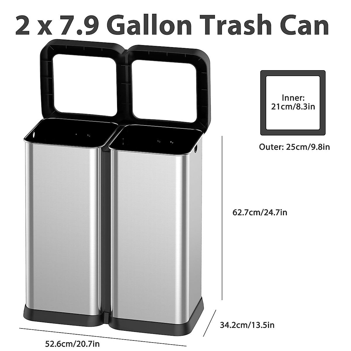 60 Liter / 16 Gallon Dual Compartment Trash can, Stainless Steel Garbage Can, Open Top Kitchen Waste Bin