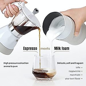 Hackvia Espresso Machine,Portable Espresso Coffee Maker and Cappuccino Latte Machine with Milk Frother,Espresso Maker with Steamer,2 in 1 Moka Pot for Home,Office and Travel,2-3 Cups,Aluminum