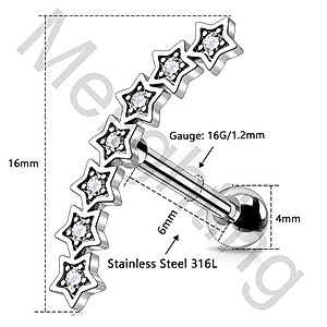 Melighting 16G Cartilage Earrings Satr Helix Earrings Clear CZ Curved Upper Ear Surgical Steel 316L Cartilage Piercing Tragus Piercing Earrings Studs for Women Body Piercing Jewelry