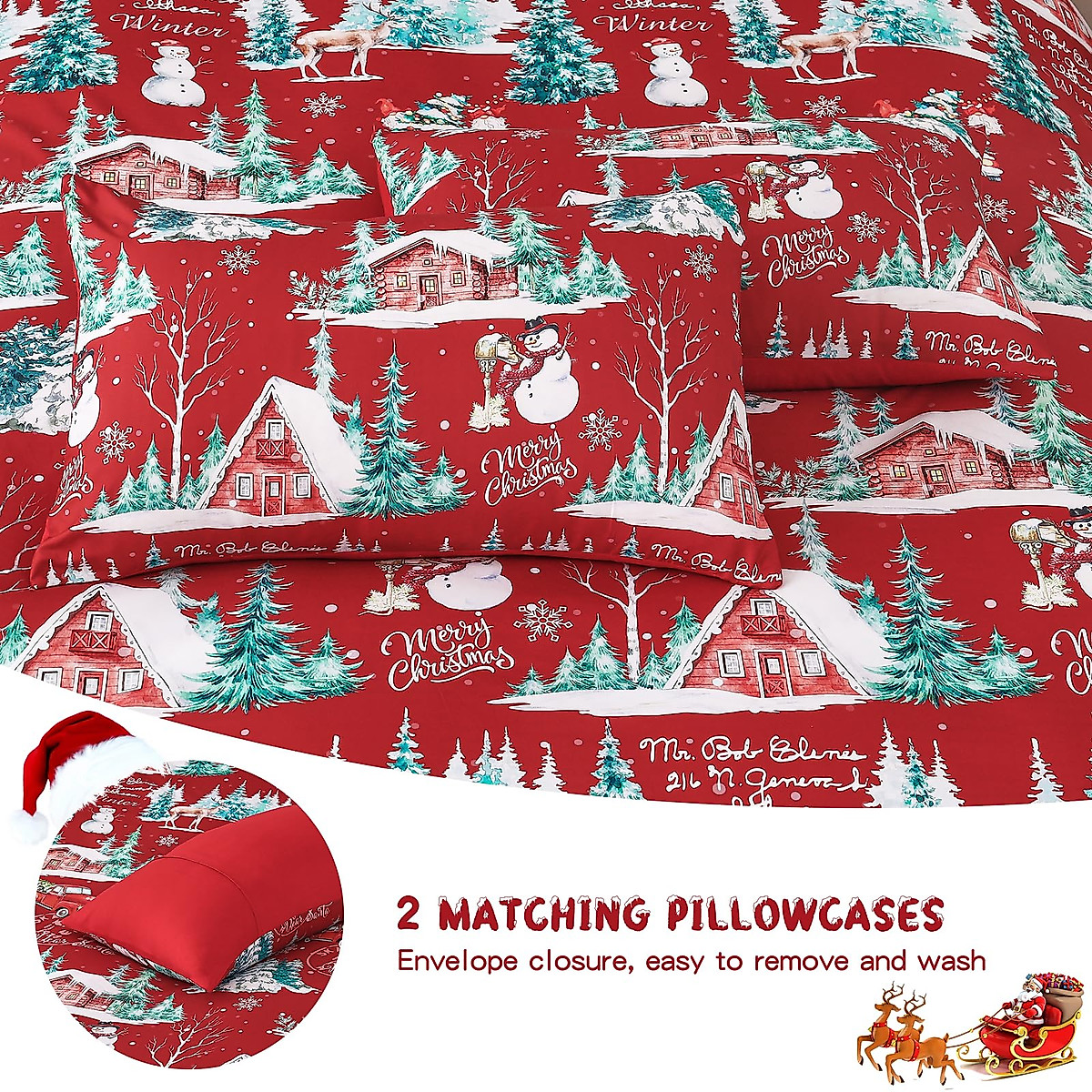 Dobuyly Christmas Duvet Cover Set Queen Size Christmas Tree Reindeer Snowman Pattern Duvet Cover with 2 Pillowcases Soft Microfiber Red Bedding Set for Holiday New Year Gift(3Pcs, 90"x90")