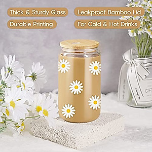 GSPY Daisy Aesthetic Cups, Iced Coffee Cup, Cute Glass Cup with Lid & Straw - Iced Coffee Glass, Flower Mug, Floral Glass Cup, Glass Coffee Tumbler - Birthday, Daisy Gifts for Women, Coffee Lover