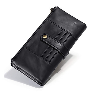KELEEL Womens RFID Wallets Slim Cow Leather Large Capacity Bifold Purse Multi Card Case Wallet with Dual Zipper Pockets (Black)