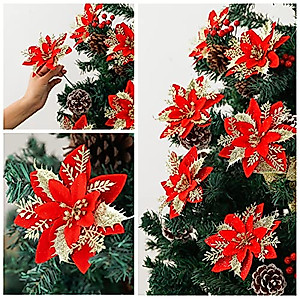 Veryhome 24pcs Poinsettia Christmas Decorations, 5.5 Inch Artificial Poinsettia Flowers Heads, Red Glitter Ornaments for Christmas Tree Decorations (Red)