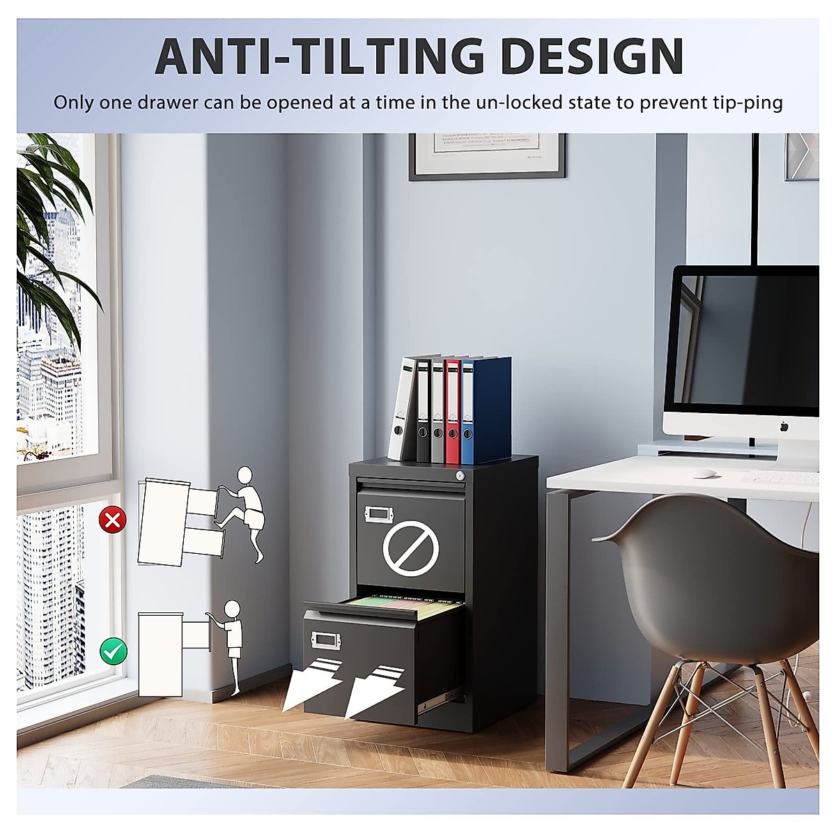 Anxxsu 2 Drawer File Cabinet, Filing Cabinets for Home Office, Metal Vertical File Storage Cabinet with Lock, Locking File Cabinet for A4 Legal/Letter, 15.1" W x 17.7" D x 28.7" H, Assembly Required