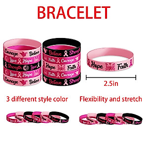 98Pcs Breast Cancer Awareness Accessories, Breast Cancer Awareness Decorations With 24Pcs Pink Ribbon Breast Cancer Buttons, 24Pcs Breast Cancer Bracelets and 50Pcs Pink Breast Cancer Stickers