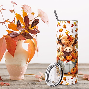 Whaline Highland Cow Tumbler with Lid and Straw Fall Pumpkin Leaves Cow Stainless Steel Cup Autumn Tumbler Cup for Fall Thanksgiving Decor Gift Supplies